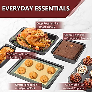LINKLIFE Non Stick Baking Pans Set 5+1 Piece, Carbon Steel Bakeware Sets w/Oven Mat, Square Cake Pan, Cookie Sheet, Deep Roasting Pan, XL Cup Muffin, Deep Roasting Pan, Loaf Box