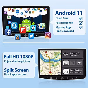 Hikity Android 11 Single Din Car Stereo 10.1" Angle Adjustable Touchscreen Car Radio, Wireless Apple Carplay Android Auto, Support GPS/WiFi/HiFi/Bluetooth Call Music/FM/SWC/Backup Camera