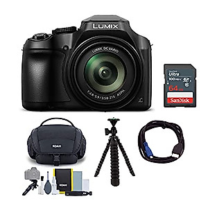 Panasonic LUMIX FZ80 4K Long Zoom Camera (18.1 Megapixels, 60X 20-1200mm Lens) Bundle with 64GB Memory Card, Camera System Gadget Bag with Accessory and Cleaning Kit, Tripod, and Cable (5 Items)