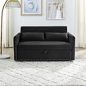 Ucloveria Pull Out Sleeper Sofa with USB Charging, 3-in-1 Adjustable Sleeper Couch, 2 Lumbar Pillows and Side Pocket, Soft Velvet Convertible Sleeper Sofa Bed for Living Room Bedroom, Black