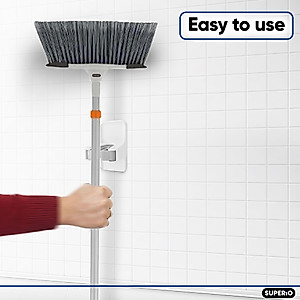 Superio Mop and Broom Holder, Set of 4 Single Piece Hooks, White Plastic Wall Mount Cleaning Storage Tool Organizer, Heavy-Duty Hook for Kitchen, Closet Garage, and Office