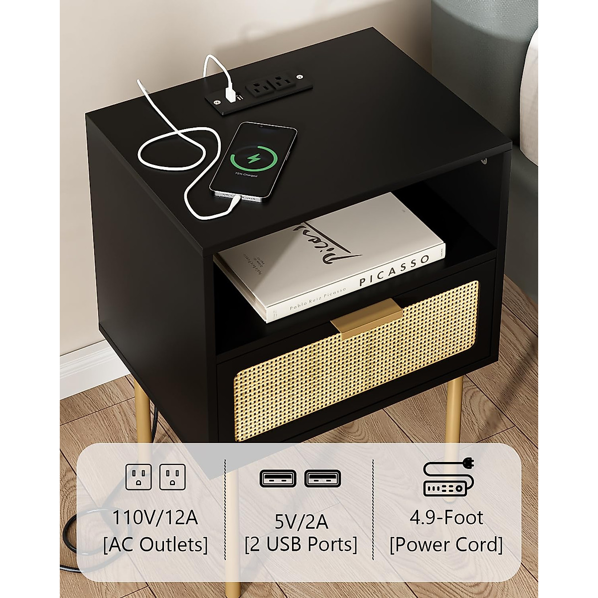 Aienvey Rattan Nightstand with Charging Station, Drawer Dresser for Bedroom, Small Bedside Table with Drawer, Night Stand, End Table with Gold Frame for Living Room, Black