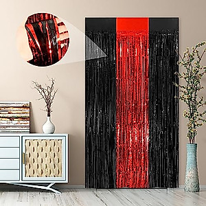 Black Red Fringe Curtain Party Streamers 2Pack 3.3x8.3 Ft Foil Fringe Backdrop Curtains for Birthday Wedding Bridal Baby Shower Holiday Tinsel Streamers Black Party Decorations Door Streamers