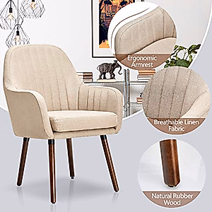 Giantex Set of 2 Fabric Dining Chairs, Accent Upholstered Arm Chair w/Wood Legs, Thick Sponge Seat, Non-Slipping Pad, Modern Leisure Chair for Dining Room, Living Room, Bedroom (2, Beige)