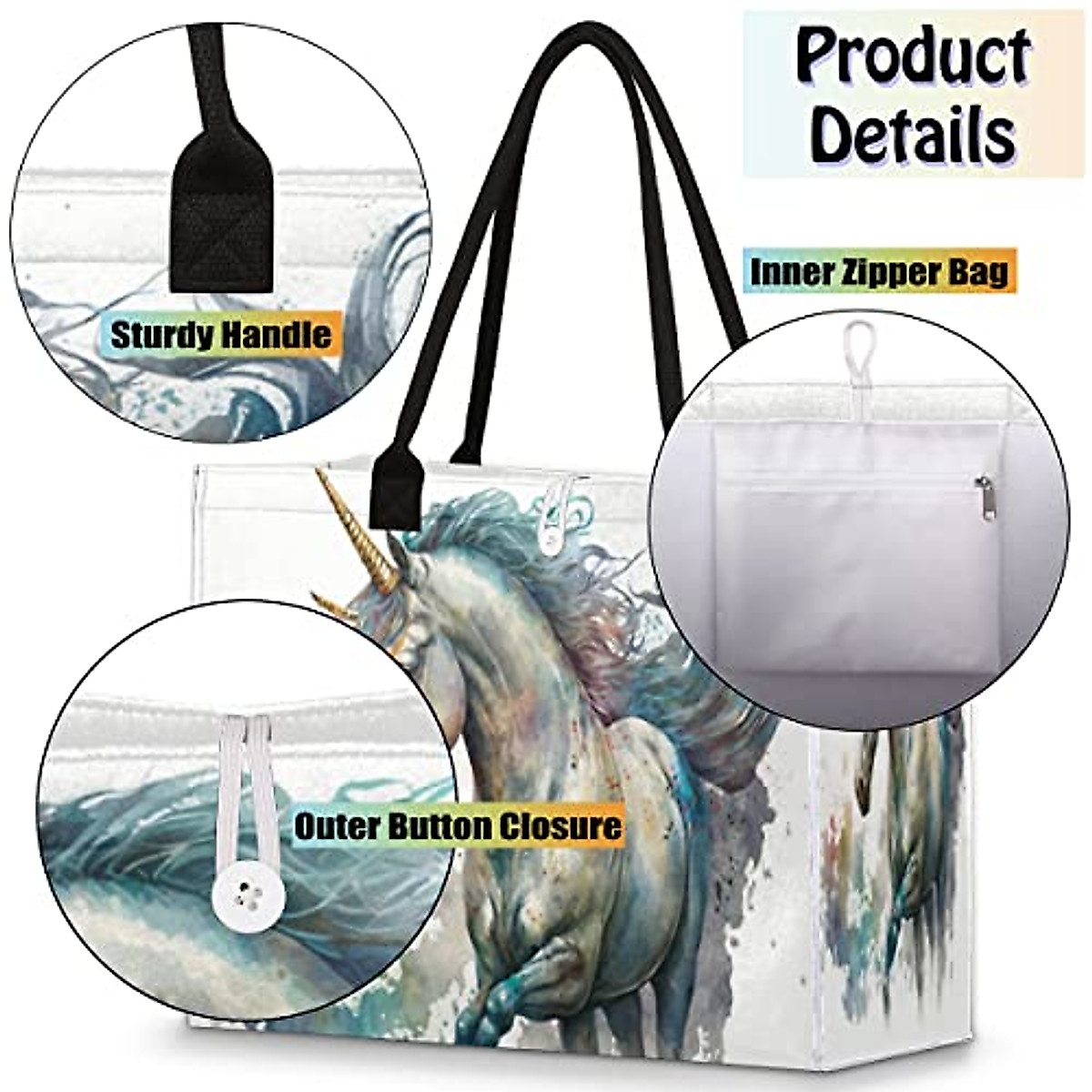 cfpolar Unicorn Reusable Grocery Shopping Bag with Hard Bottom, RRQRQR Large Foldable Multipurpose Heavy Duty Tote with Zipper Pockets, Sustainable, Durable and Eco Friendly, Beach Bag