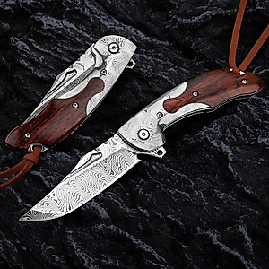 SPIRIT DEED Damascus Pocket Knife for Men,Handmade 3.4in Sharp Blade,Damascus Steel and Rosewood handel EDC,Leather Sheath Outdoor Survival Tool for Hunting