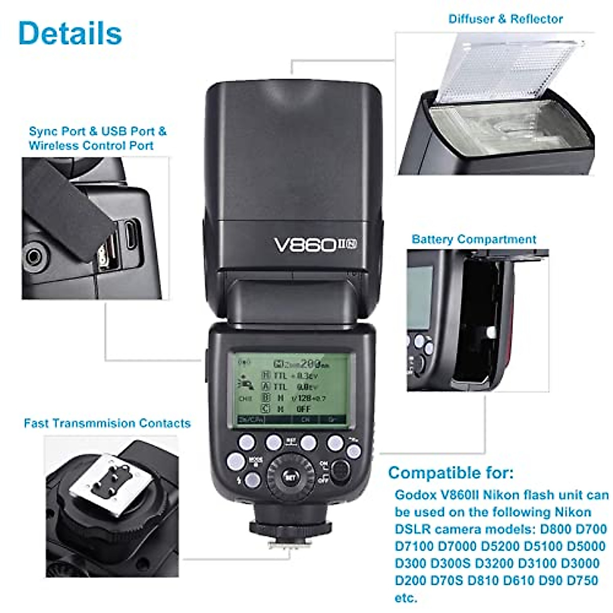 Godox V860II-N V860II Flash for Nikon, 2.4G TTL GN60 1/8000S HSS Nikon Speedlite, Rechargable Li-ion Battery, 650 Full Power Flashes, External Flash Compatible for Nikon Cameras