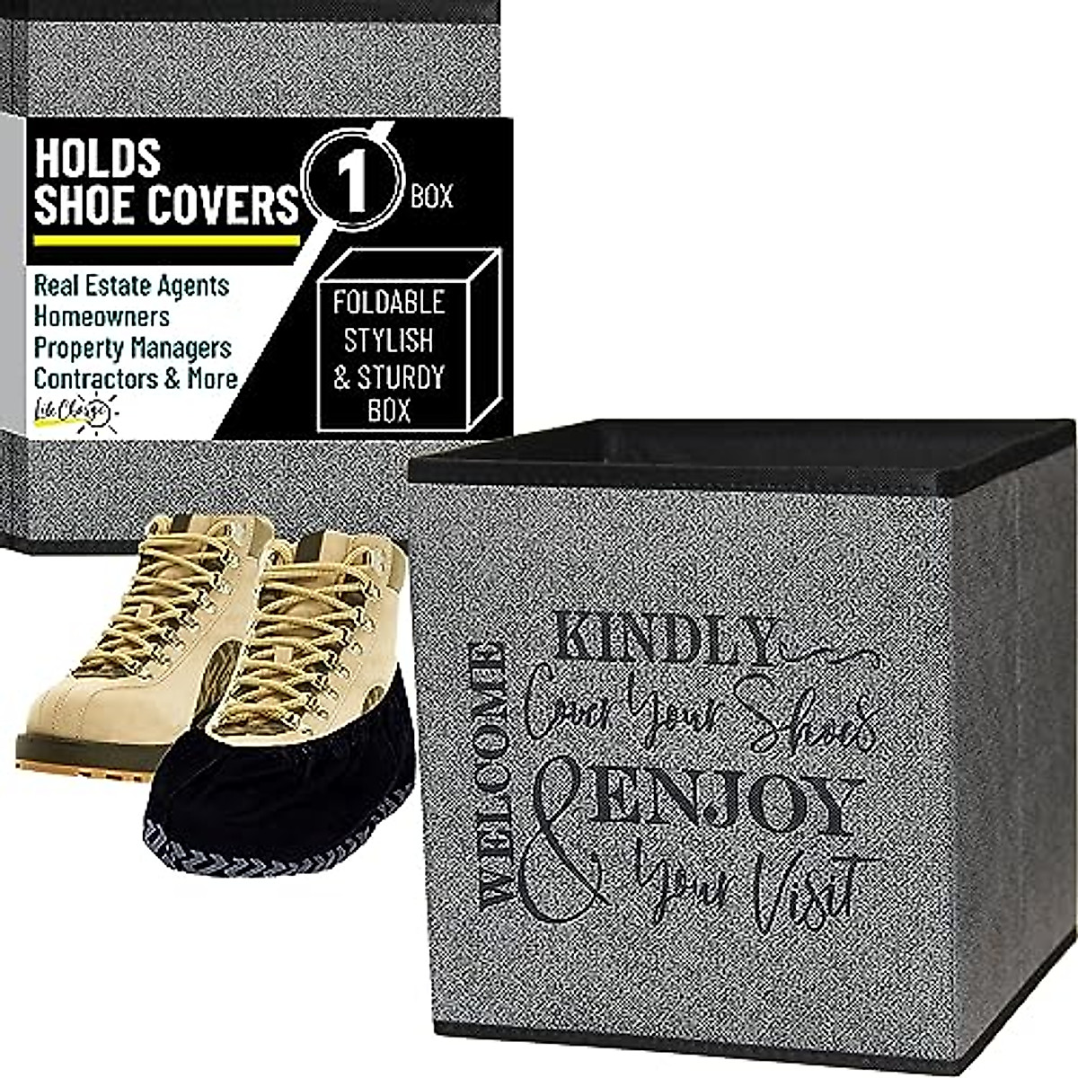 Shoe Cover Box - Welcome Guests to Please Cover Shoes. Indoor Foldable Storage Bin to Fill w/your Favorite Booties. For Homeowner, Real Estate Agent, Realtor Open House Supplies | 1 Grey & Black