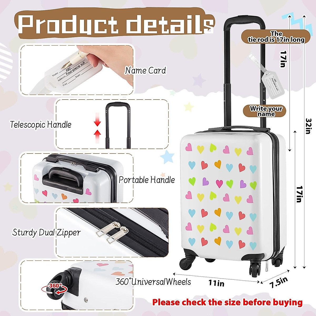 Redbaker 6 Pcs Kids Luggage Set 17 Inch Kids Rolling Luggage Gift for Double Pattern Christmas Kids Suitcase for Girls Boys Kids Suitcase(White,Love Style)