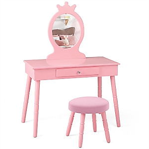 HONEY JOY Pink Crown Makeup Vanity, Includes Chair & Real Glass Mirror, Large Engineered Wood Kids' Vanity Set, Safe & Sturdy, Easy to Install & Clean, Pink