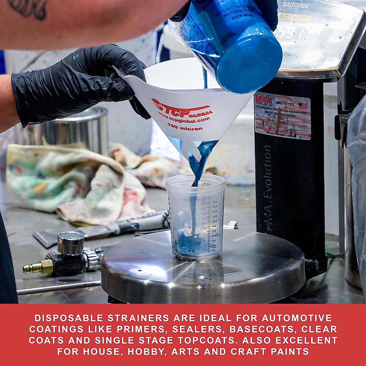 TCP Global 50 Pack of Paint Strainers with Fine 190 Micron Filter Tips - Premium "Pure Blue" Ultra-Flow Blue Nylon Mesh - Cone Paint Filter Screen