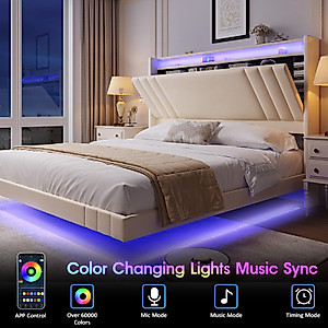 Fameill Queen Size Floating Bed Frame with 50.8" Tall Headboard, LED Upholstered Platform Bed with Charging Station, Metal Platform Bed Frame with Upholstered Storage Headboard, Noise-Free, Beige