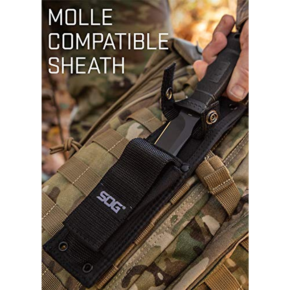 SOG Fixed Blade Knives with Sheath - SEAL Pup Elite Survival Knife, Hunting Knife w/ 4.85 Inch AUS-8 Bowie Knife Blade for a Tactical Knife (E37SN-CP)