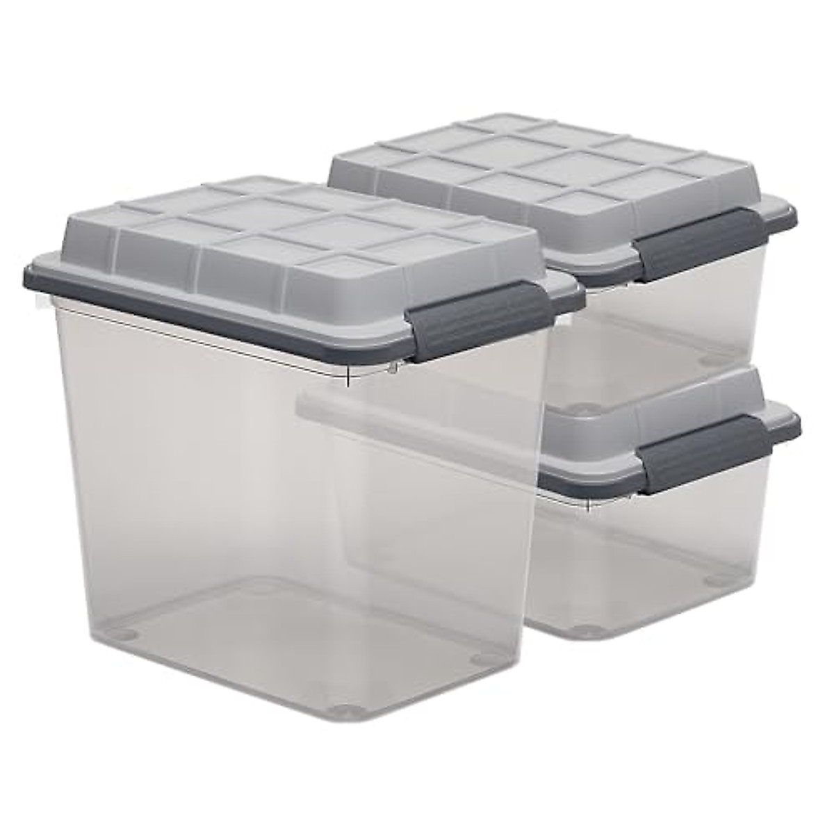 Curver Set of 3 Latch PRO Heavy Duty, Water Resistant Plastic Organization and Storage Box with Extra Capacity Latching Lid, Transparent Grey