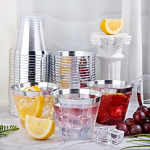 Nervure 240 PCS Silver Plastic Cups - 9Oz Silver Rimmed Plastic Cups - Heavy Duty Plastic Cups with Silver Rim Perfect for Weddings, Receptions & Parties