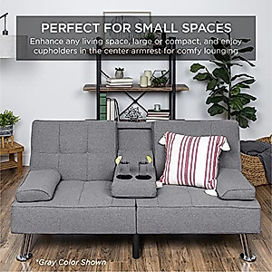 Best Choice Products Linen Upholstered Modern Convertible Folding Futon Sofa Bed for Compact Living Space, Apartment, Dorm, Bonus Room w/Removable Armrests, Metal Legs, 2 Cupholders - Light Gray