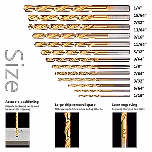 Titanium Drill Bit Set, HSS Twist Drill Bits, Quick Change Drill Bits Set Straight Shank, 135 Degree Metal Drill for General Purpose, 1/16"-1/2" by 11/64" 13 Piece Kit with Storage Case