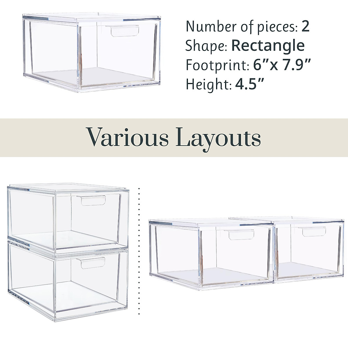 STORi 2-Pack Audrey Stackable Clear Plastic Organizer Drawers | 4.5-Inches Tall | Organize Cosmetics and Beauty Supplies on a Vanity | Made in USA