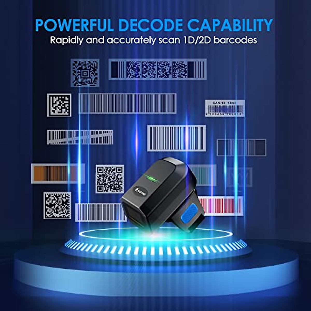 Eyoyo 2D Bluetooth Ring Barcode Scanner with Wireless Charging Dock,Left & Right-Handed Use, Wearable 1D QR Finger Hands Free Inventory Bar Code Reader Compatible for Tablet iPhone Android iOS PC