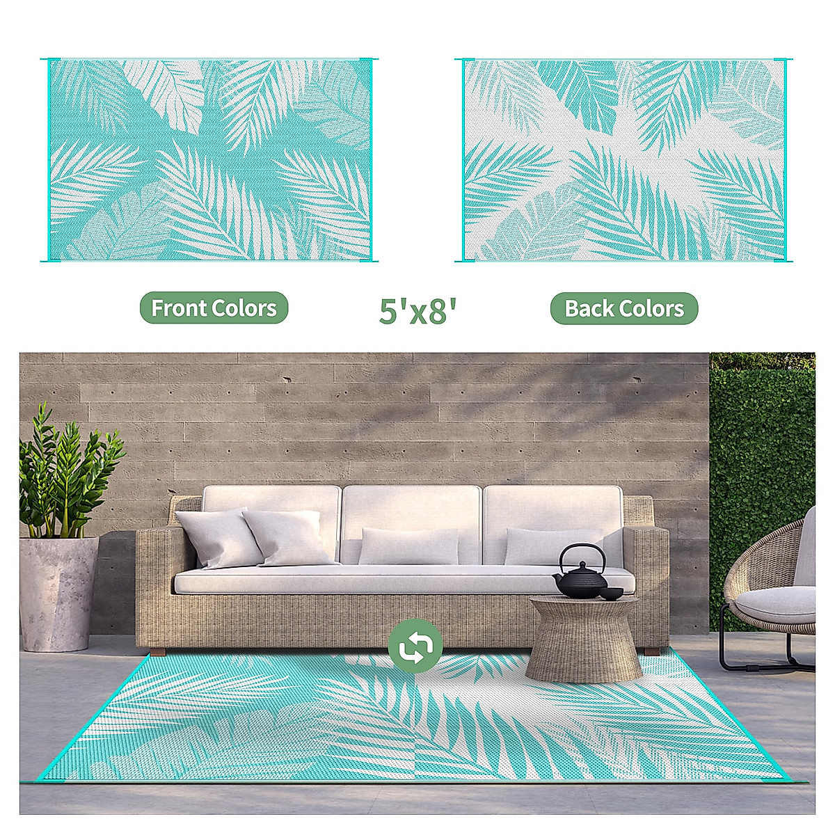 GENIMO Outdoor Rug for Patios Clearance, 5'x8' Reversible Tropical Outdoor Decor Area Rugs,Plastic Straw Waterproof Carpet, Camping Mat for Rv, Porch, Deck, Camper, Balcony, White & Grey