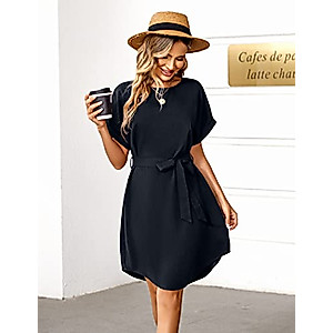 HOTOUCH Women's Summer Dress Short Sleeve Casual Tie Waist Tunic Dress Navy Blue