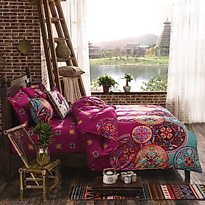 DasyFly 4PCS Bohemian Bedding Lightweight Microfiber Boho Duvet Cover Set Full Queen Size Rose Red Floral Bedding Mandala Duvet Cover with Zipper