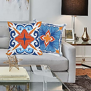 Qinqingo Outdoor Waterproof Throw Pillow Covers 24x24 inch Floral and Boho Style Decorative Pillow Covers Modern Geometric Pillowcase for Patio Funiture Garden Set of 4, Blue and Orange