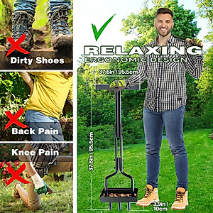 Fnwsja Manual Lawn Aerator with Tray & 3 Hollow Slots Manual Soil Corer Collector Lawn Plug Core Aeration Tool Heavy Duty Lawn Core for Soils & Lawns Yard Garden, 37.6 inches, Black