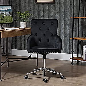 HOMCOM Modern Mid-Back Desk Chair with Button Tufted Velvet Back, Nailhead Trim, Swivel Home Office Chair with Adjustable Height, Curved Padded Armrests, Black