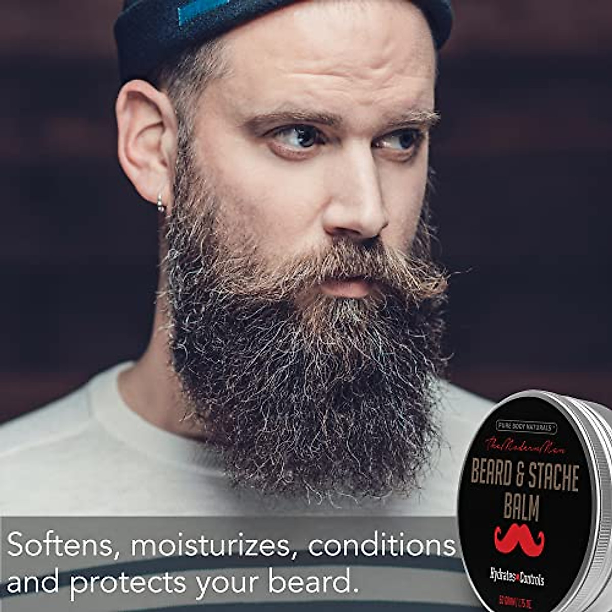 Pure Body Naturals Natural Beard Balm and Mustache Wax - Non-Greasy Conditioner for Beard Growth and Softening, Amber Musk Scent - 1.75 oz