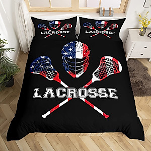 Lacrosse Comforter Cover Queen Size,Sports Ball Games Themed Bedding Set for Modern Room,American Flag Print Duvet Cover Set with 2 Pillowcases, Ultra Soft Bed Spread
