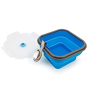 CARTINTS 900ml Collapsible Bowl With Plastic Lid for Camping, Silicone Lunch Container Set Includes Foldable Spoon, Space-Saving Travel Food Container, Microwave Freezer Safe, Blue