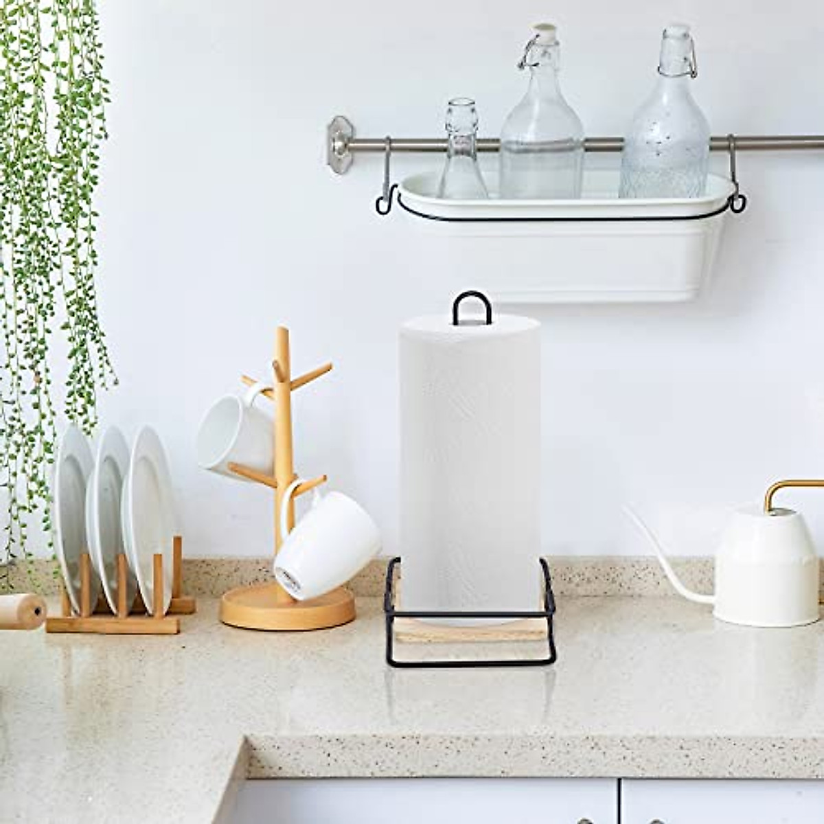 2 Pack Wood Paper Towel Holder, Paper Towel Holder Black Kitchen Roll Holder, for Kitchen Roll Organize, One-Handed Operation Countertop Roll Dispenser