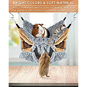 TINDTOP Small Animals Hammock, Ferret Sugar Glider Triple Bunk Bed Cage Warm Plush Hanging Hammock Bed Hideout for Hamster Guinea Pig Rat Ferret Chinchilla (Grey)