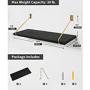 Gronda Black Floating Shelves Set of 2, Black Gold Wall Shelves Minimalist Modern Wall Decor Wooden Bookshelves Trophy Display Storage Plants Floating Shelves Wall Mount Living Room Bedroom Bathroom