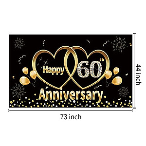 60th Anniversary Banner Backdrop Decorations - Large Happy 60 Year Wedding Anniversary Party Supplies Décor - Black Gold 60 Anniversary Poster Sign for Outdoor Indoor