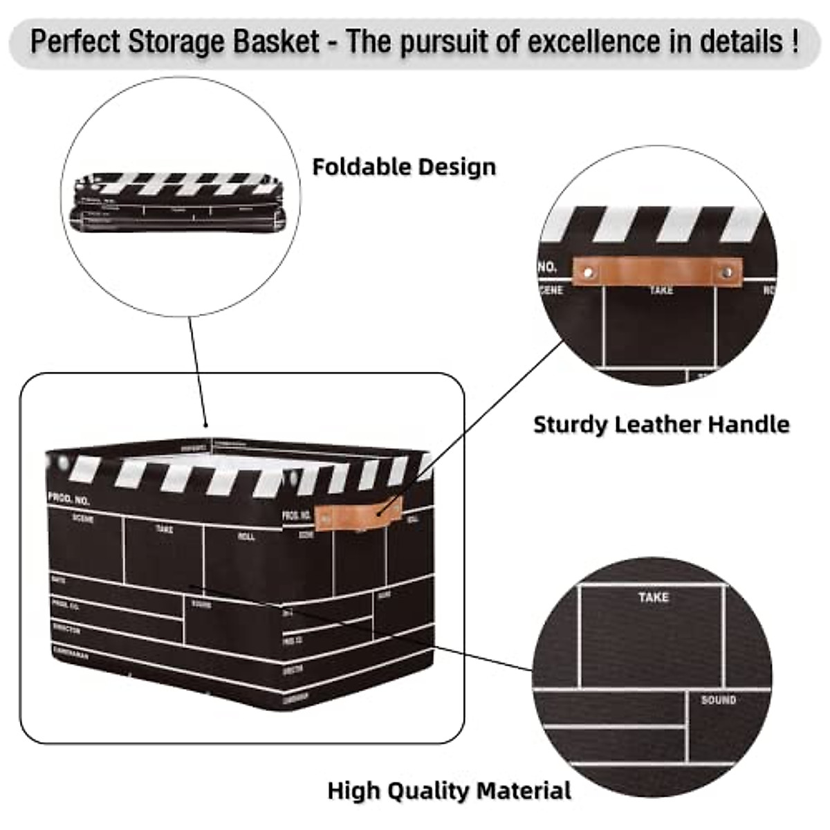 Movie Clapper Board Large Storage Bin Collapsible Storage Basket with Handles,Film Theme Laundry Basket Hamper Organizer Foldable Storage Box for Toys Bedroom Kids Room Nursery Dorm Set of 1