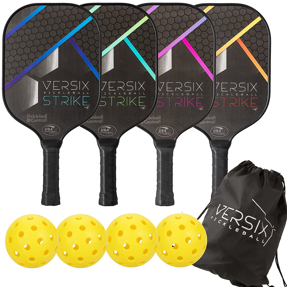 VERSIX Strike 4F Composite Pickleball Bundle for 4 Players (4 Composite Paddles + 4 Outdoor Pickleballs+ Drawstring Bag)
