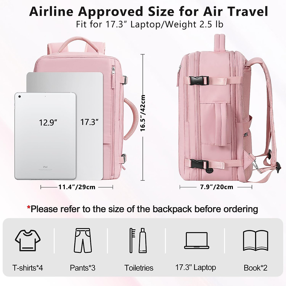 Snoffic Travel Backpack for Women, Large Carry On Backpack for Travel, Waterproof Backpack Personal Item, Backpack for Women, 17.3 Inch Laptop Backpack, College Bag Casual Daypack, Pink