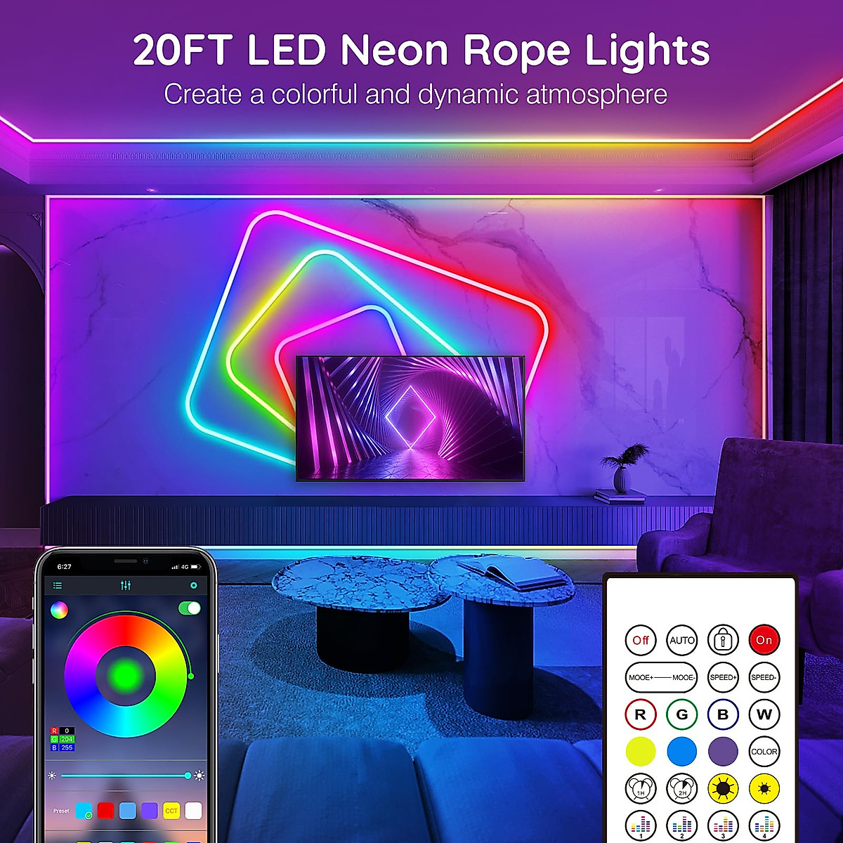 20Ft Neon Rope Lights,Flexible Led Rope Lights Control with App/Remote,Multiple Modes Rope Lights,IP65 Outdoor RGB Led Neon Lights Waterproof,Music Sync Gaming Led Neon Light Strip for Bedroom Decor