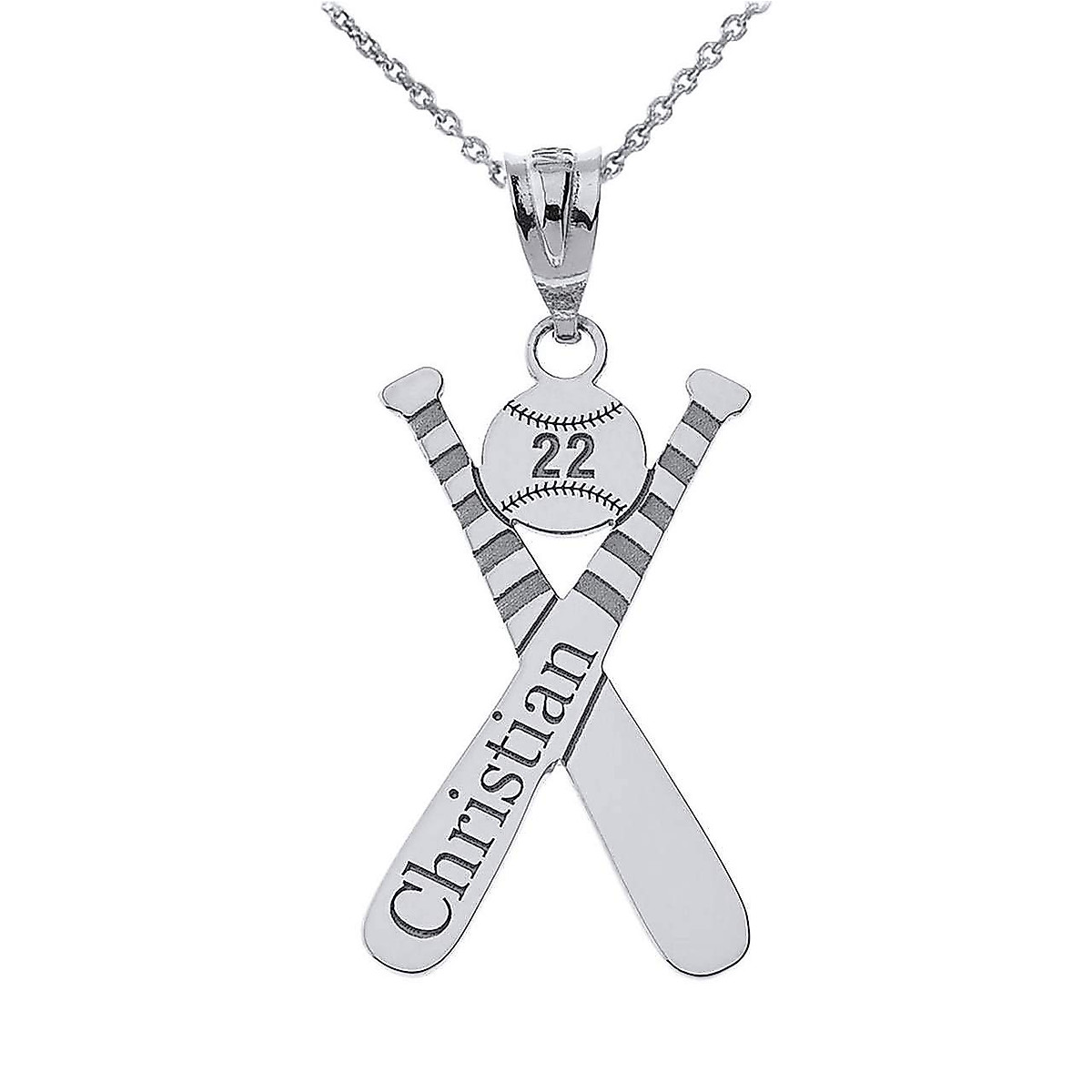 Certified 14k White Gold Personalized Baseball and Baseball Bat Cross Sports Necklace with Your Name and Number, 18"