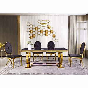 ACEDÉCOR Modern Dining Room Table with Gold Stainless Steel Metal U-Base in Black Gold