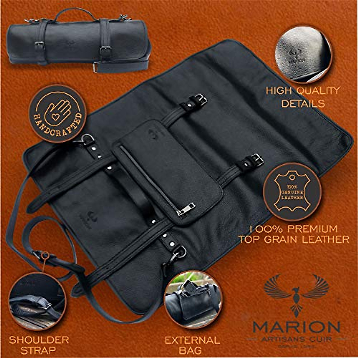 Marion - LE MINUIT - Genuine Calf Top Grain Black Leather - Handcrafted Professional Chef's Knife Storage Roll Bag - 8 Pockets - Adjustable Shoulder Strap - Zippered Interior and Exterior Pocket