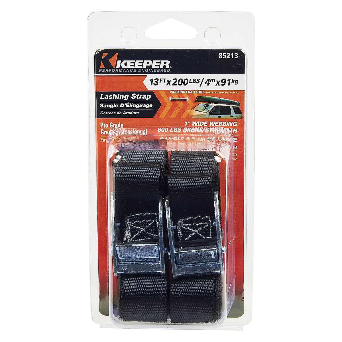 Keeper – 1” X 13' Cargo Lashing Strap, 2 Pack - 200 Lbs. Working Load Limit
