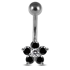 Black CZ Crystal Gemstone Stylish Studded Flower 925 Sterling Silver Belly Ring Body Jewelry
