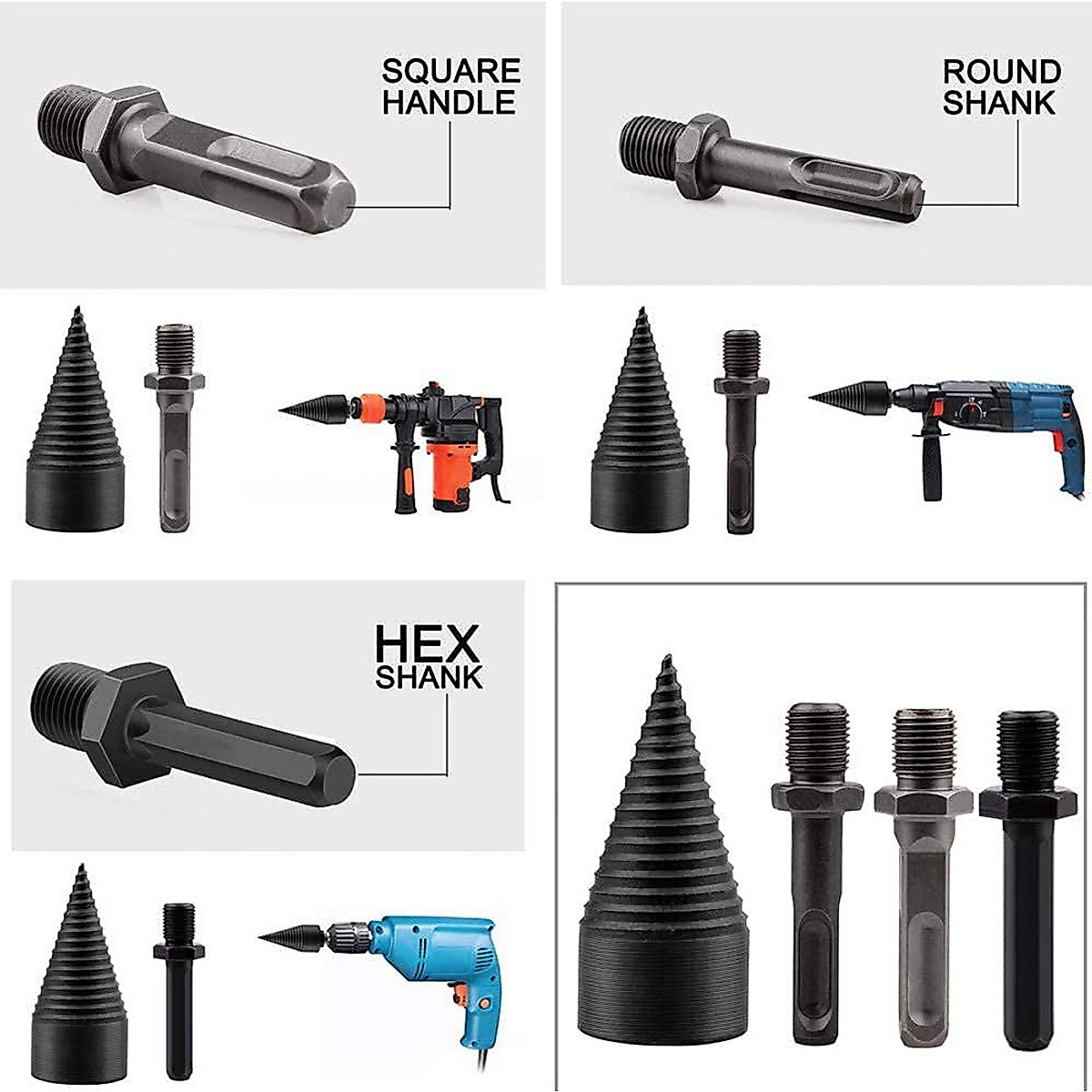 Shank Firewood Drill Bit, Wood Splitter Drill Bit, 4Pcs Removable Splitter/Drill bit, Hex+Square+Round (42mm)