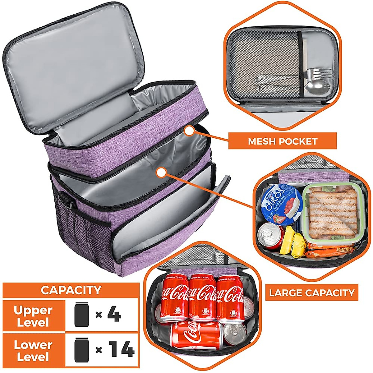 opux Insulated Lunch Bag for Men Women, Large Dual Compartment Cooler Bag, Soft Two Deck Lunch Box for Work School Picnic, Leakproof Lunch Tote with Shoulder Strap for Kid Adult (Purple, Double Deck)