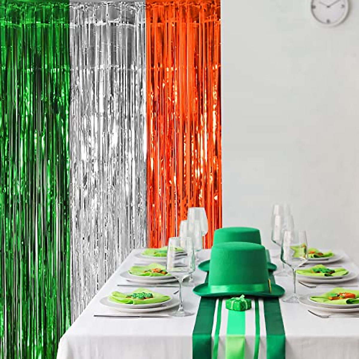 LOLStar 1 Pack St. Patrick's Day Foil Fringe Curtains St Patricks Day Party Decoration 3.3x8.2 ft Green White Orange Tinsel Fringe Curtain Photo Booth Prop Streamer Backdrop for Irish Party Decoration