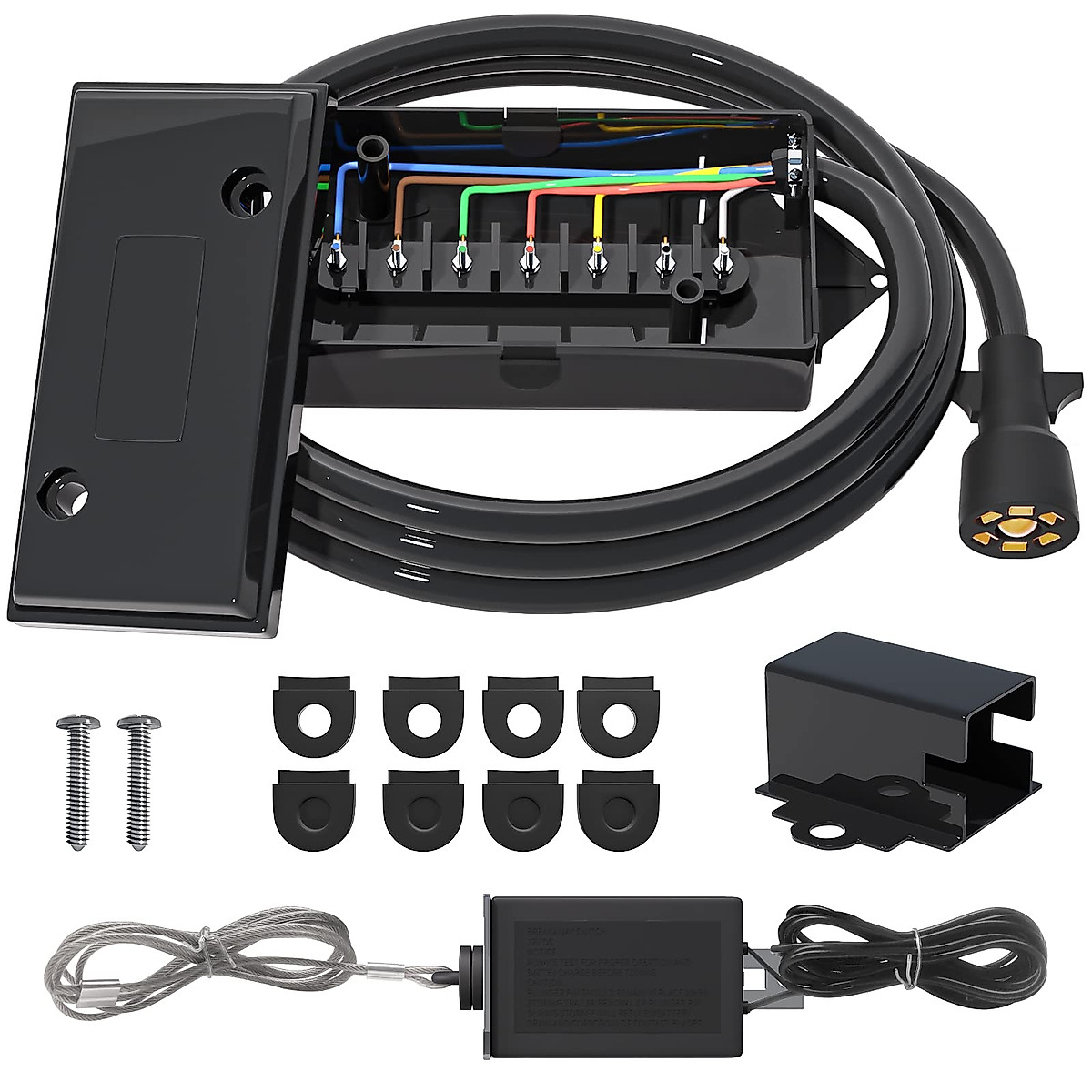 Voilamart 7 Way 8Feet Trailer Cord with 7 Gang Junction Box Kit,7 Way Trailer Wiring Harness Kit,12V Breakaway Switch and Plug Holder,Connector Cable Wiring Harness with Waterproof Junction Box