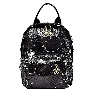 ZLMBAGUS Girls Shining Sequin Faux Leather Backpack Glittery Satchel Fashion Top Handle Shoulder Bag Daypack Purse Black